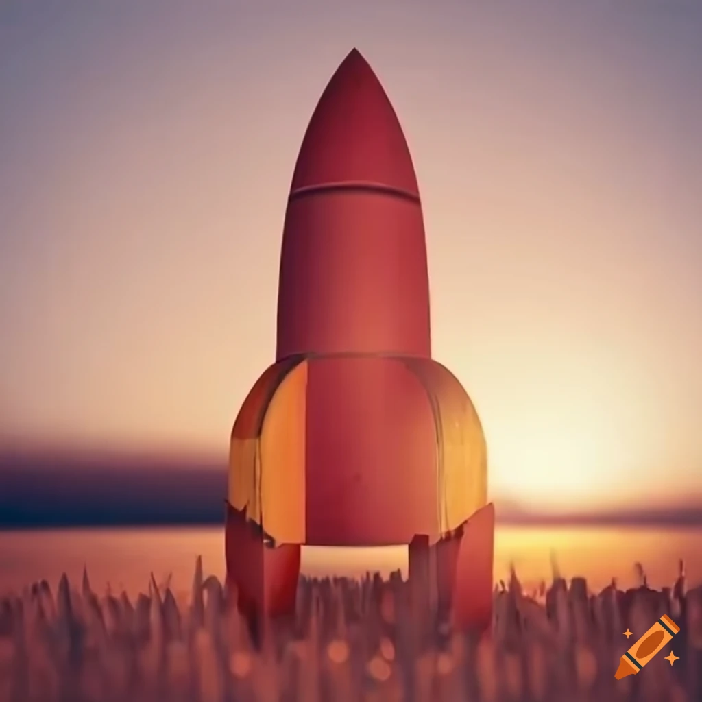 Adorable wooden rocket with sunset background