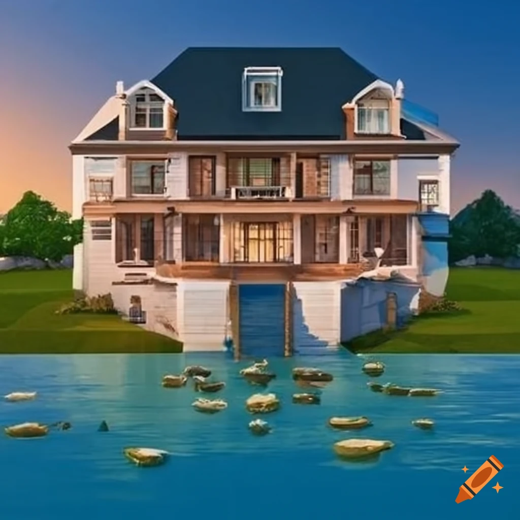 Farmhouse style mansion on a floating island with a waterfall in block ...