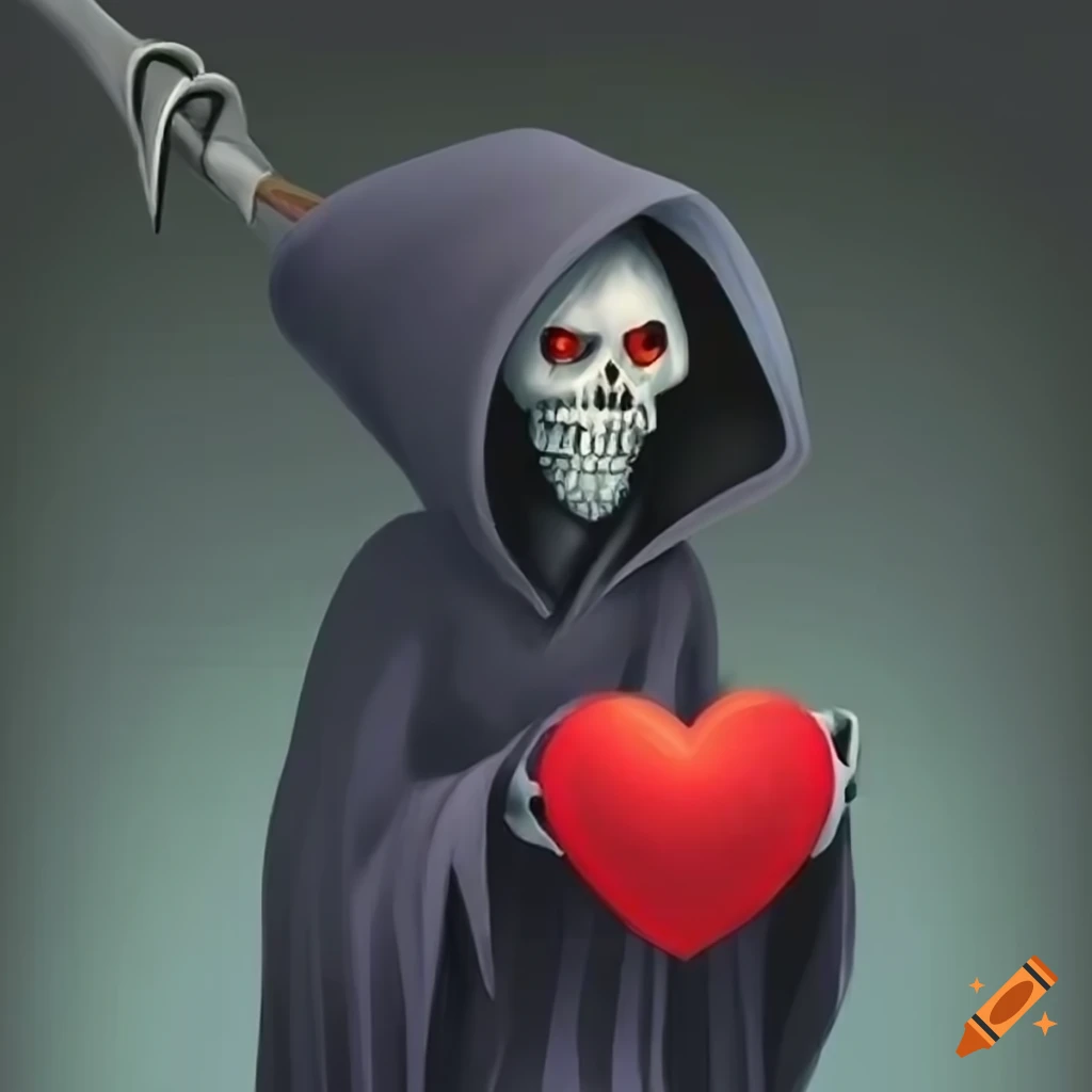 Cartoon of a grim reaper holding a red heart symbol on Craiyon
