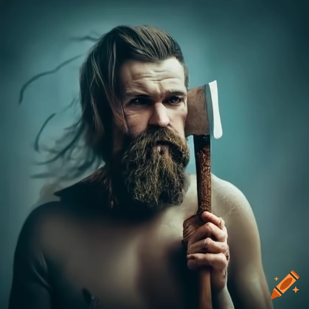 Bearded man protecting cabin in the woods with an axe on Craiyon