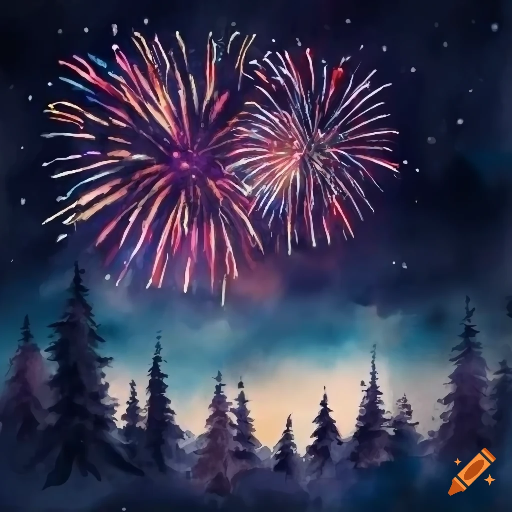 Snowy forest landscape with fireworks in the dark sky