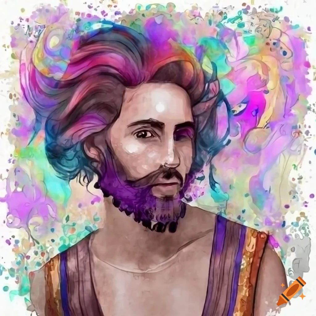 Cartoon doodle of a playful male goddess in a greek robe with dramatic ...