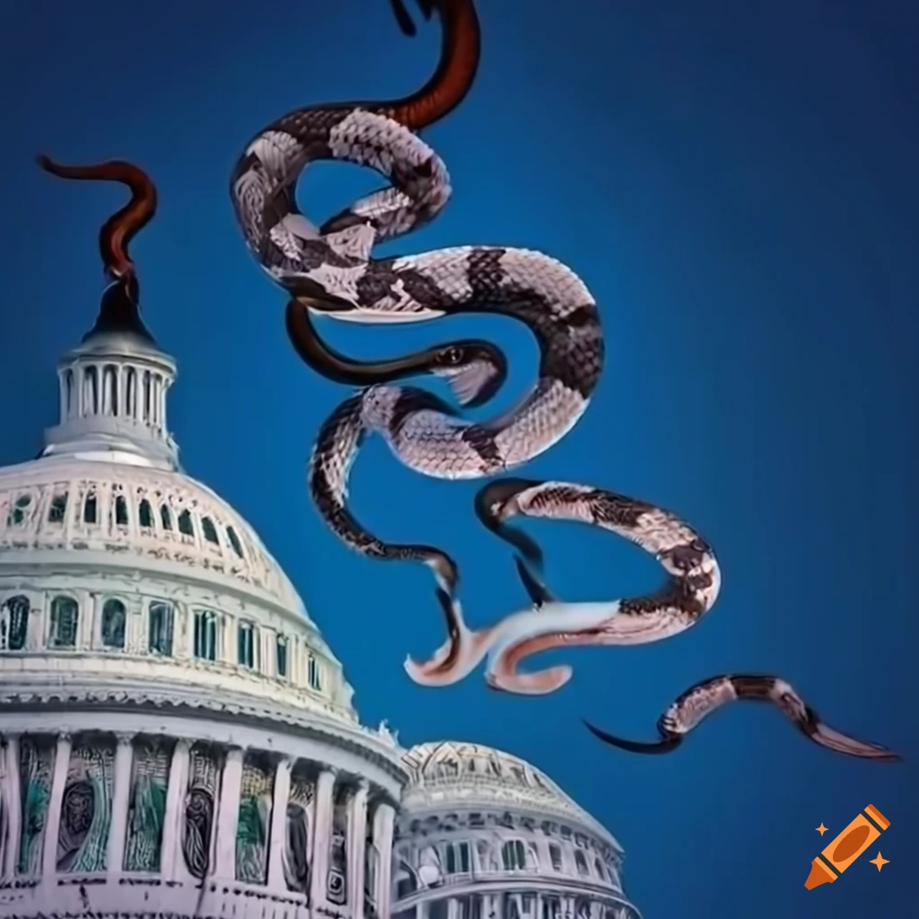 Dollar bills with snake images flying in congress