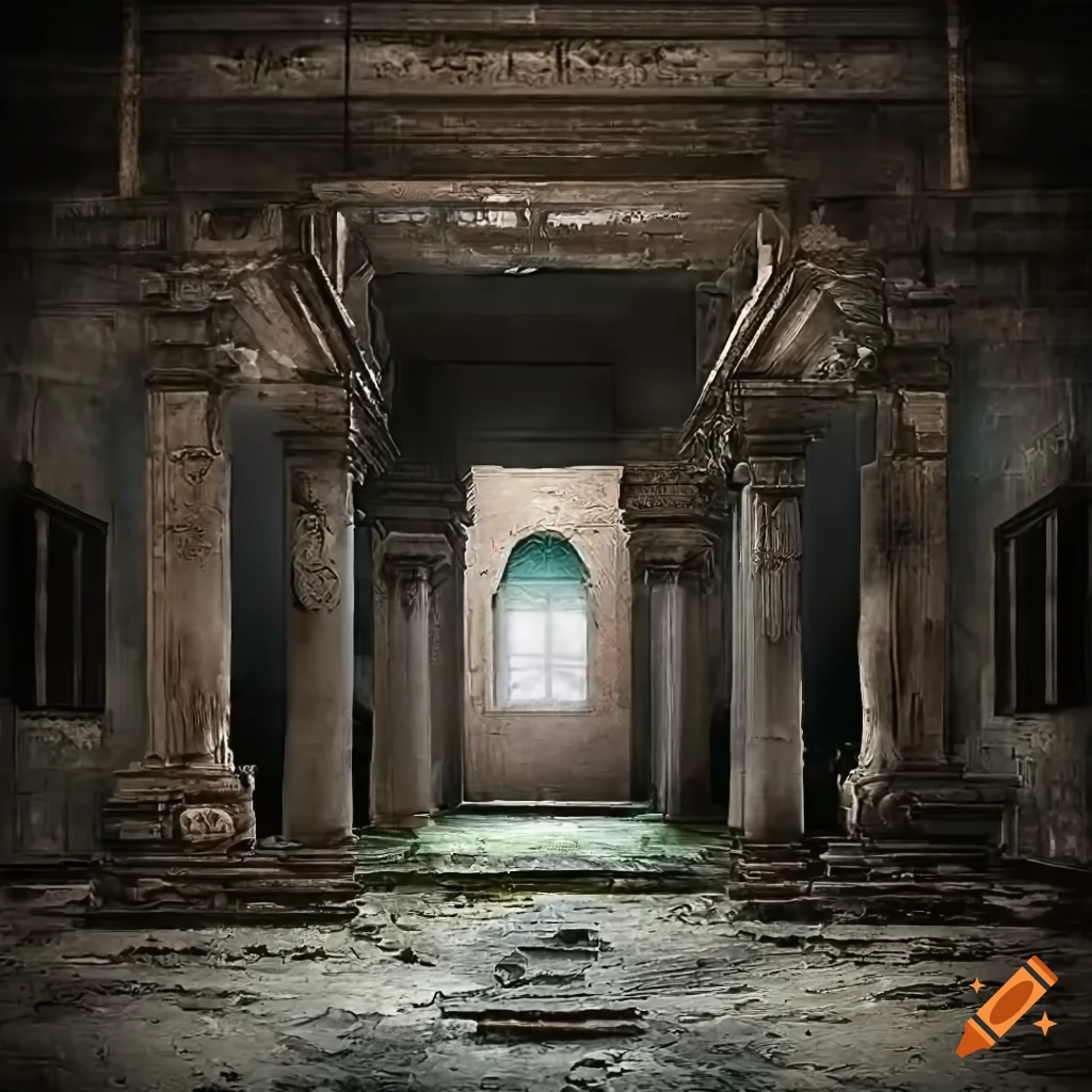 Old abandoned temple room with ancient scrolls and artifacts on Craiyon