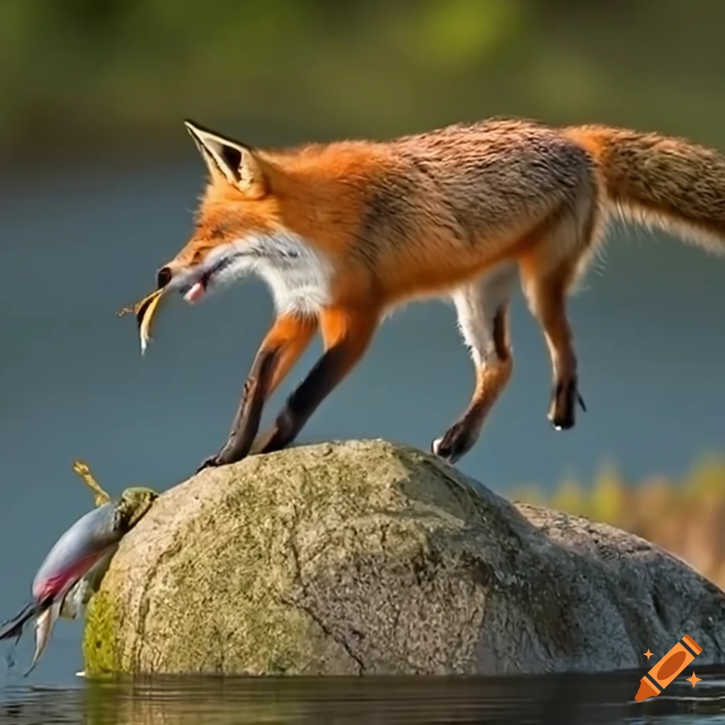 Fox walking over rocks near a river with fish on Craiyon