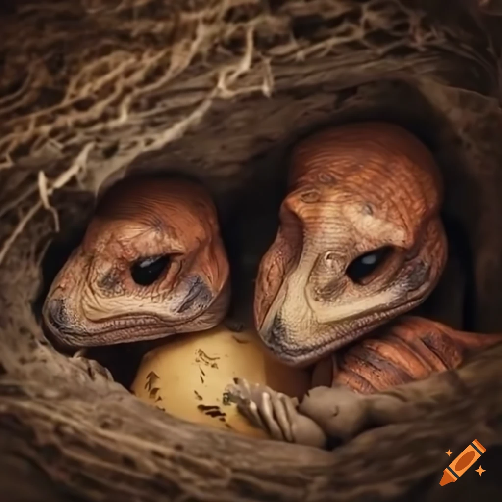 Cute hadrosaurus dinosaurs hatching in their nests on Craiyon