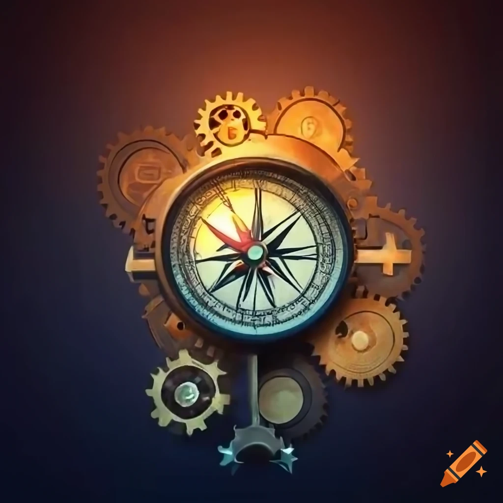 Compass with gears pointing in multiple directions on Craiyon