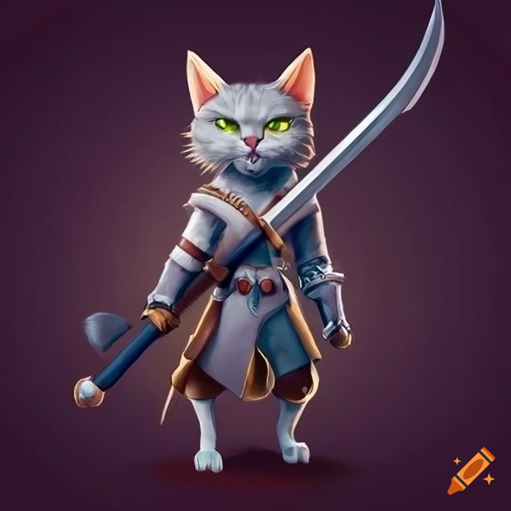 Grey fur cat fighter with a sword in a stylized fantasy setting on Craiyon