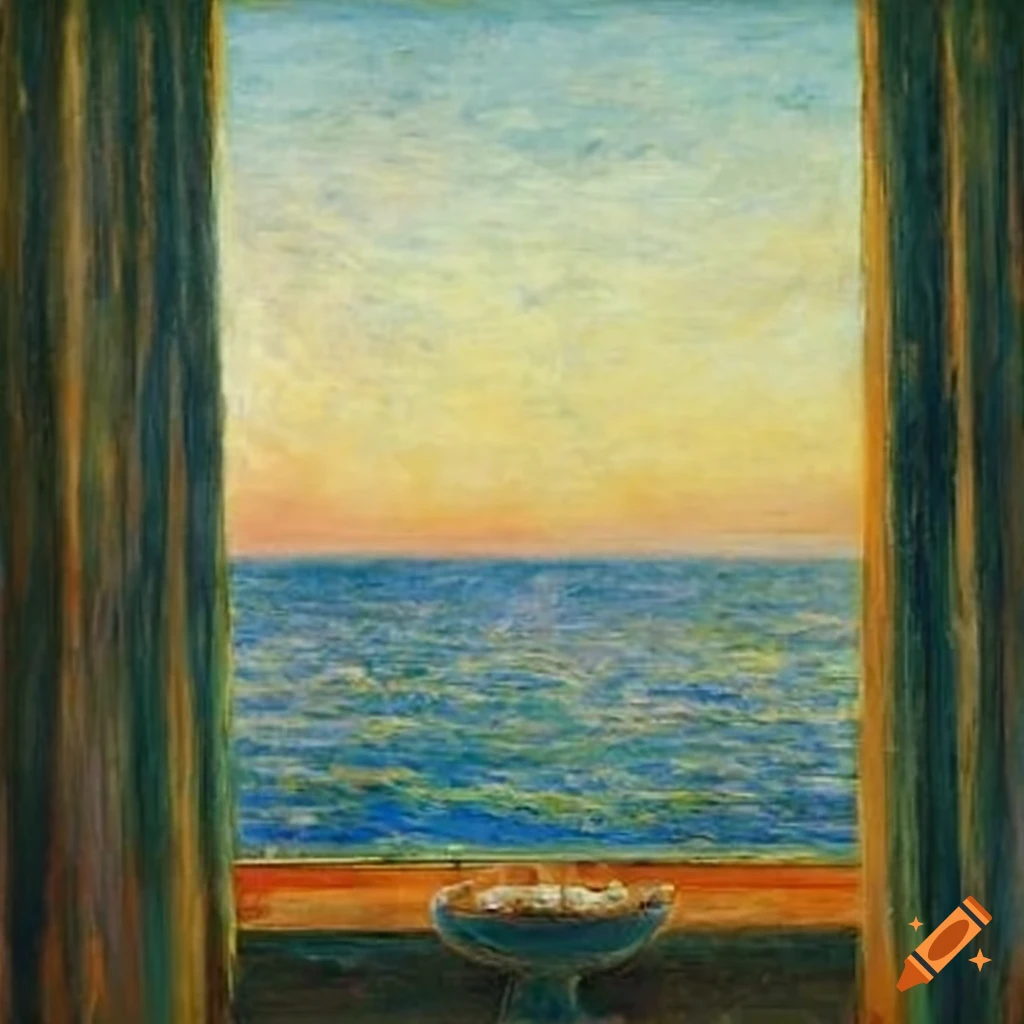 View from a window to the sea in a painting by claude monet