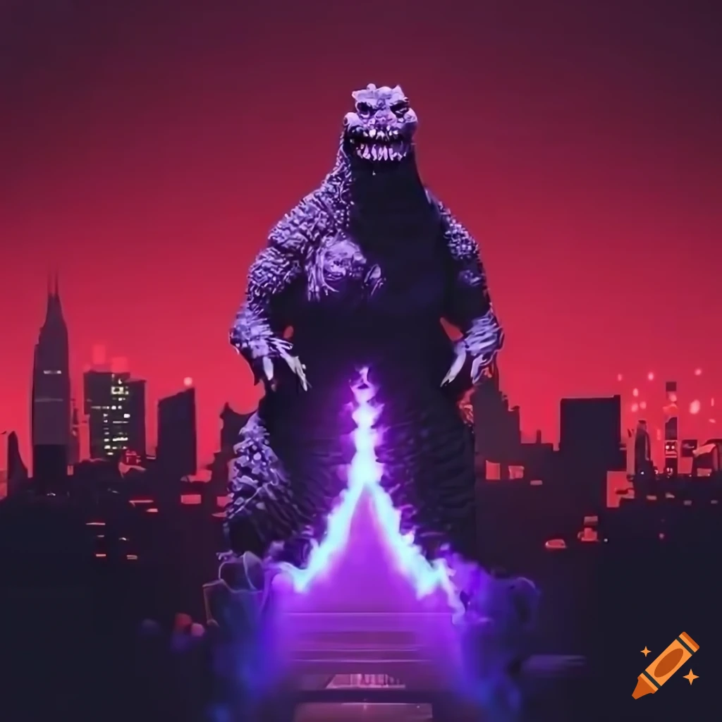 Legendary giant monster godzilla in a glowing red skyline with bright ...