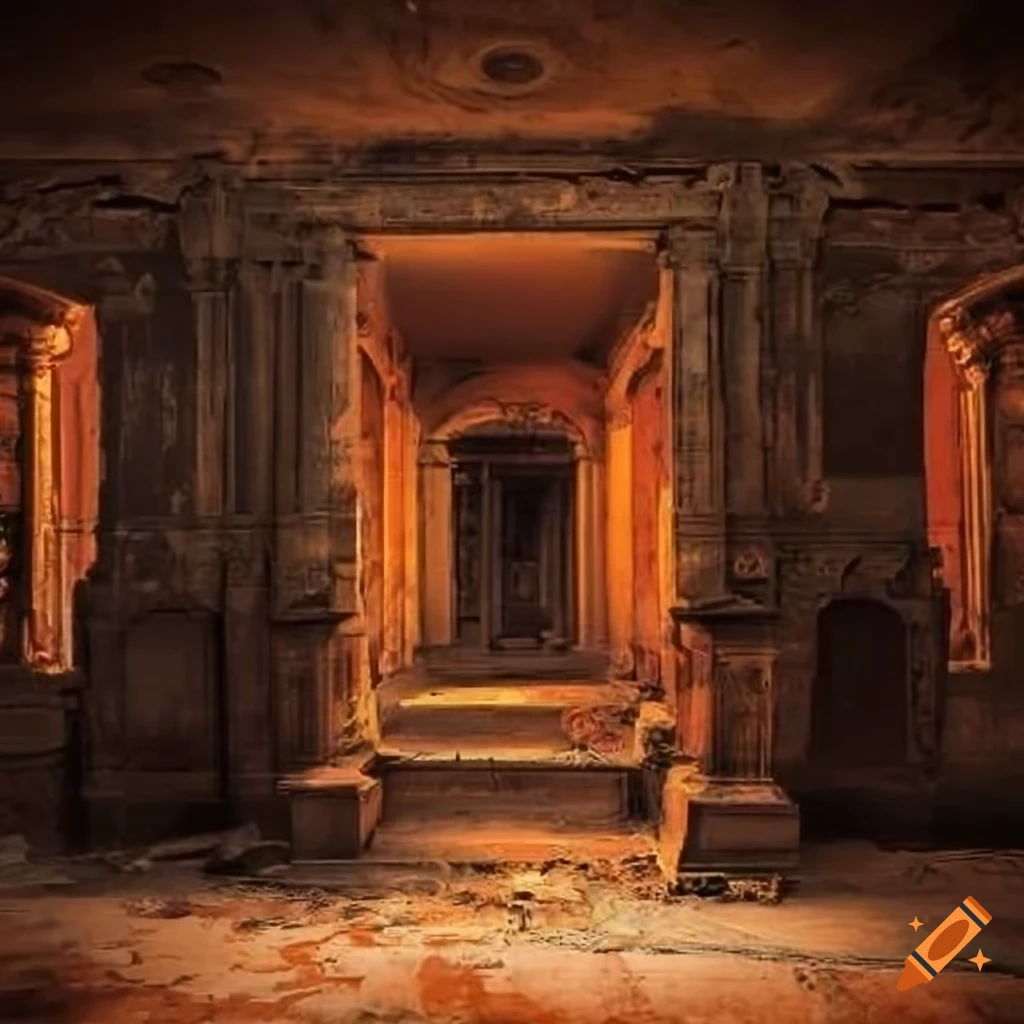 View of a large, ancient, abandoned temple room with niches and ancient ...