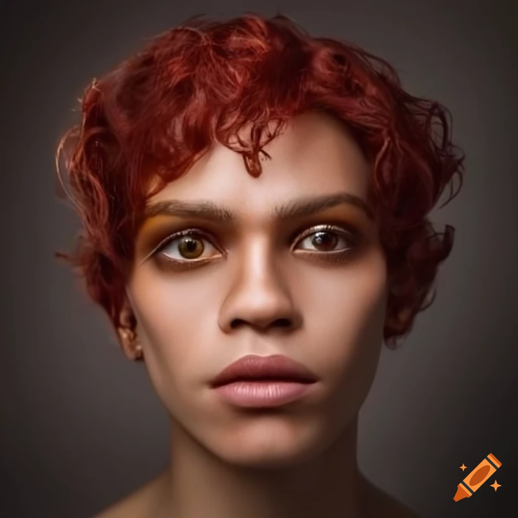 Portrait of a brown-skinned humanoid alien man with maroon hair and ...