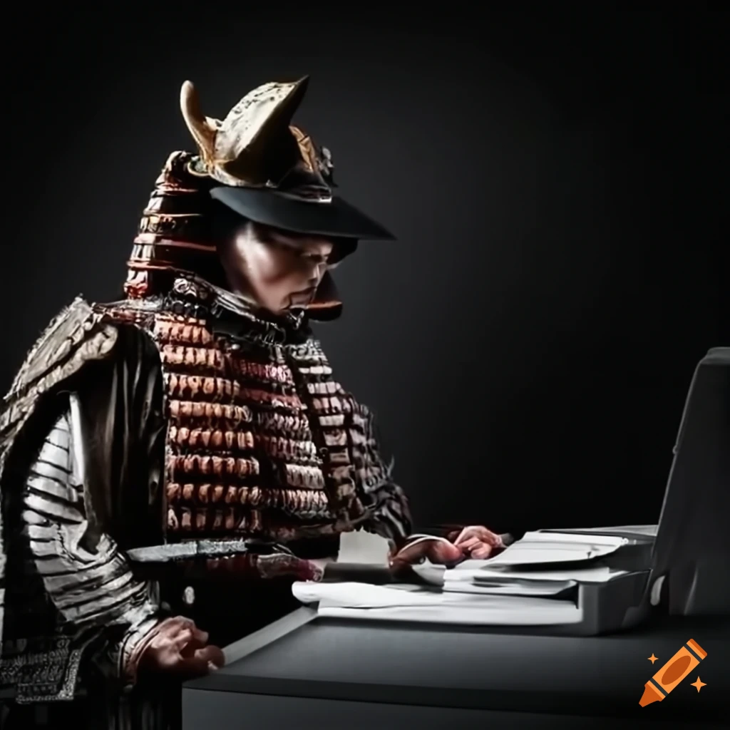 Samurai working at bank front desk on a computer on Craiyon