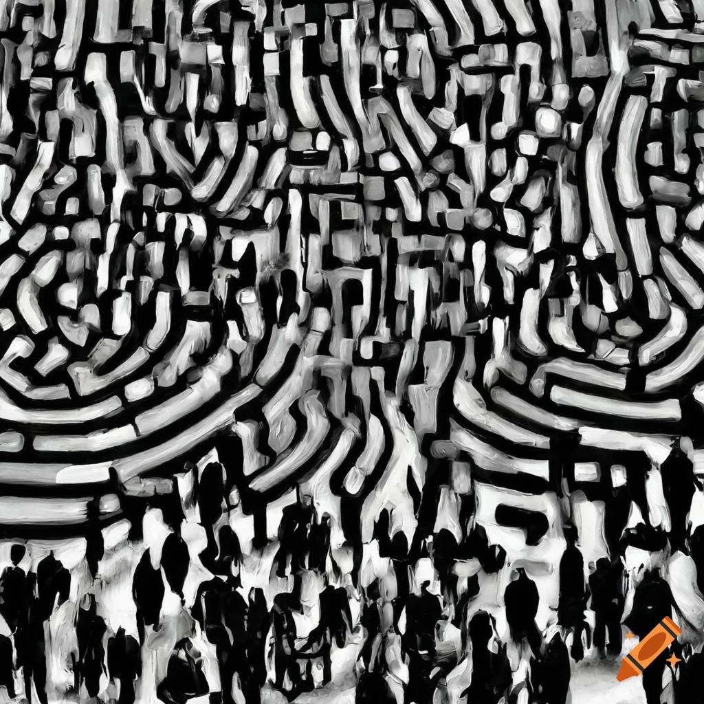 Abstract black and white mosaic painting of a crowd in a maze on Craiyon