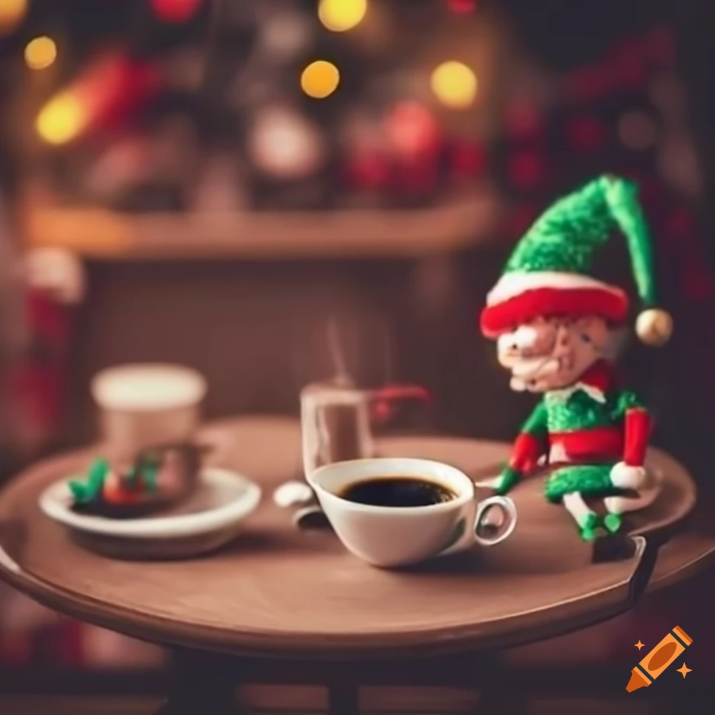 Elf serving coffee in a christmas decorated cafe on Craiyon