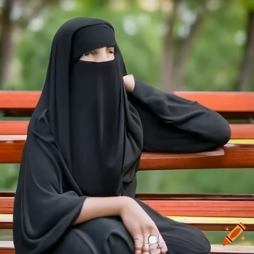 Young iraqi woman in black niqab sitting on a park bench on Craiyon
