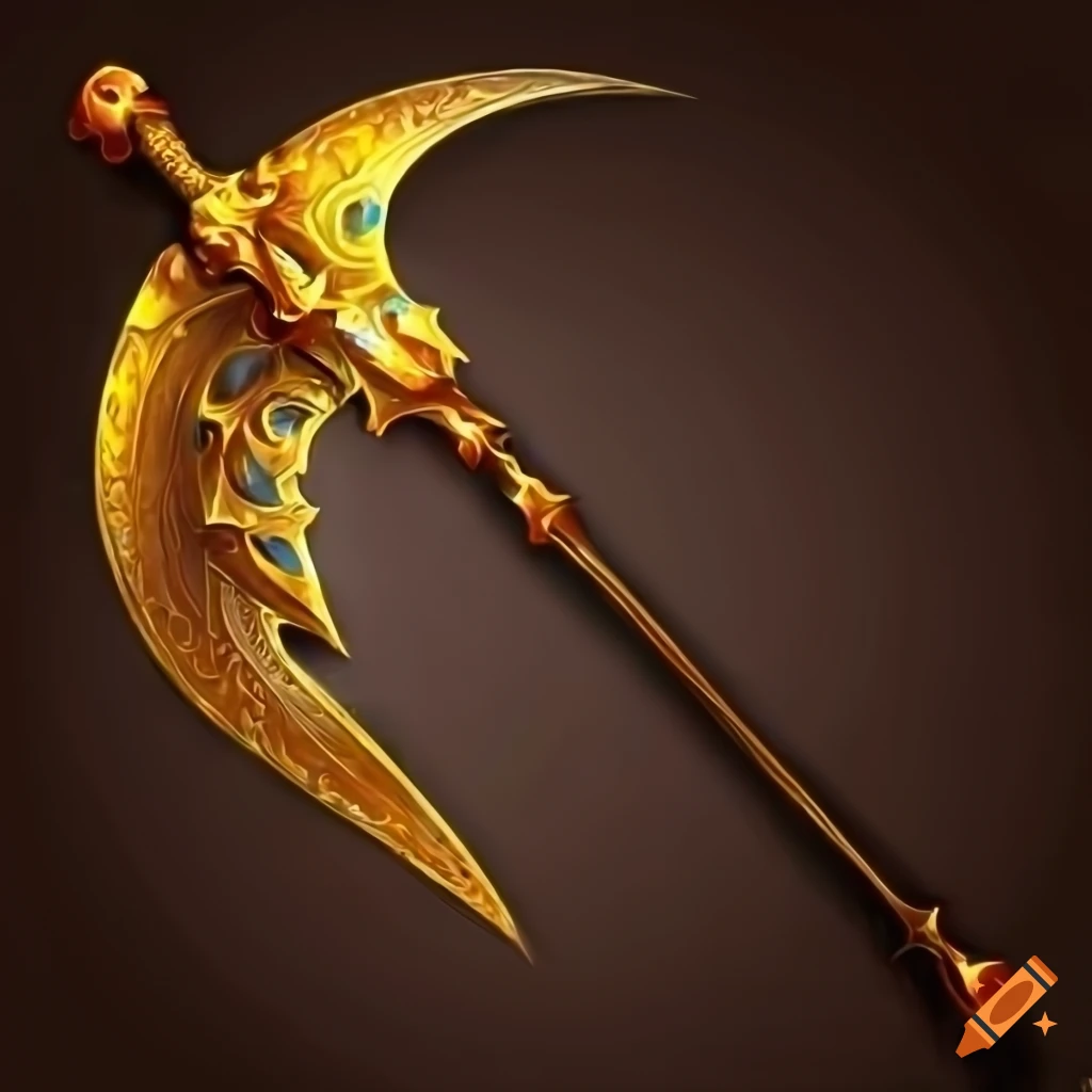 Divine golden scythe with intricate patterns of light and shadow on Craiyon
