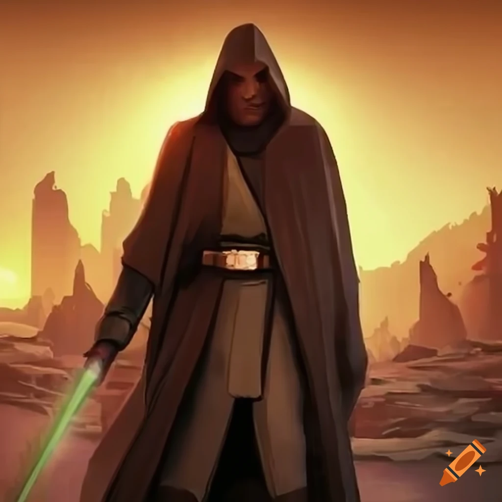 Lone battle-ready Jedi Master defending a ruined city in golden light ...