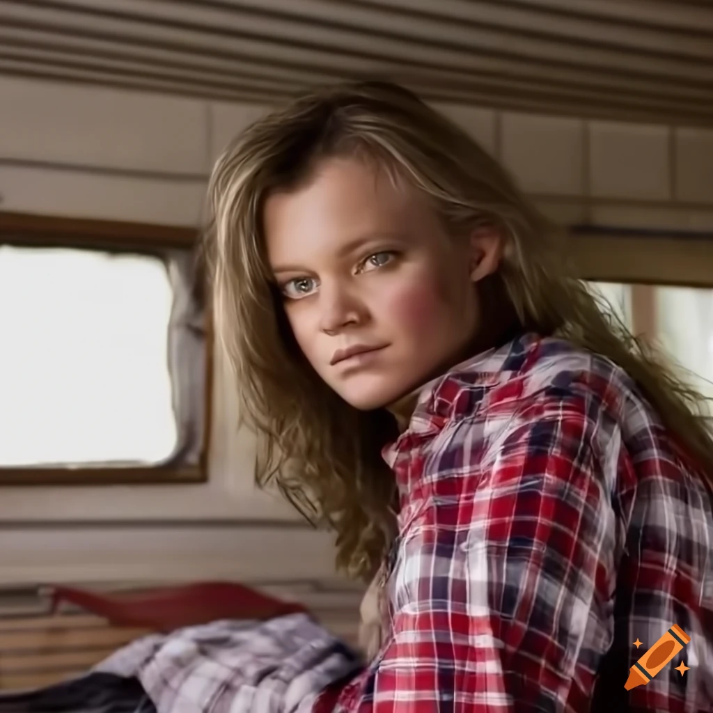 Young woman with messy hair and country style outfit standing in ...