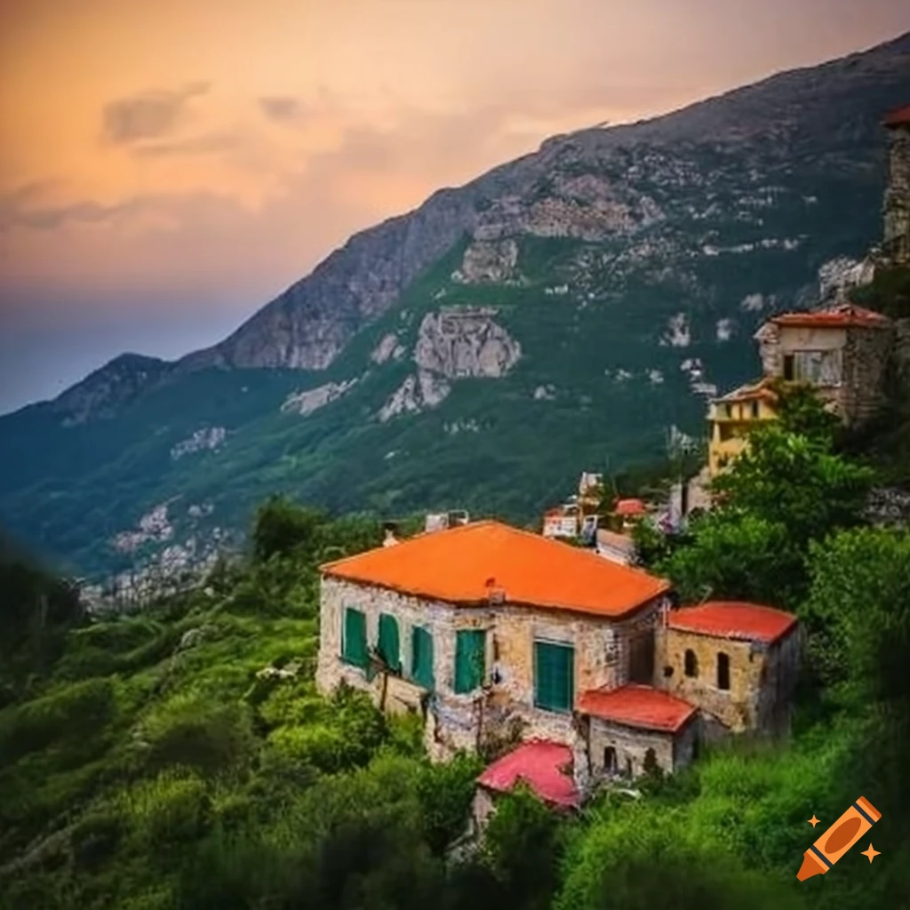 Colorful lebanese village house surrounded by greenery and mountains