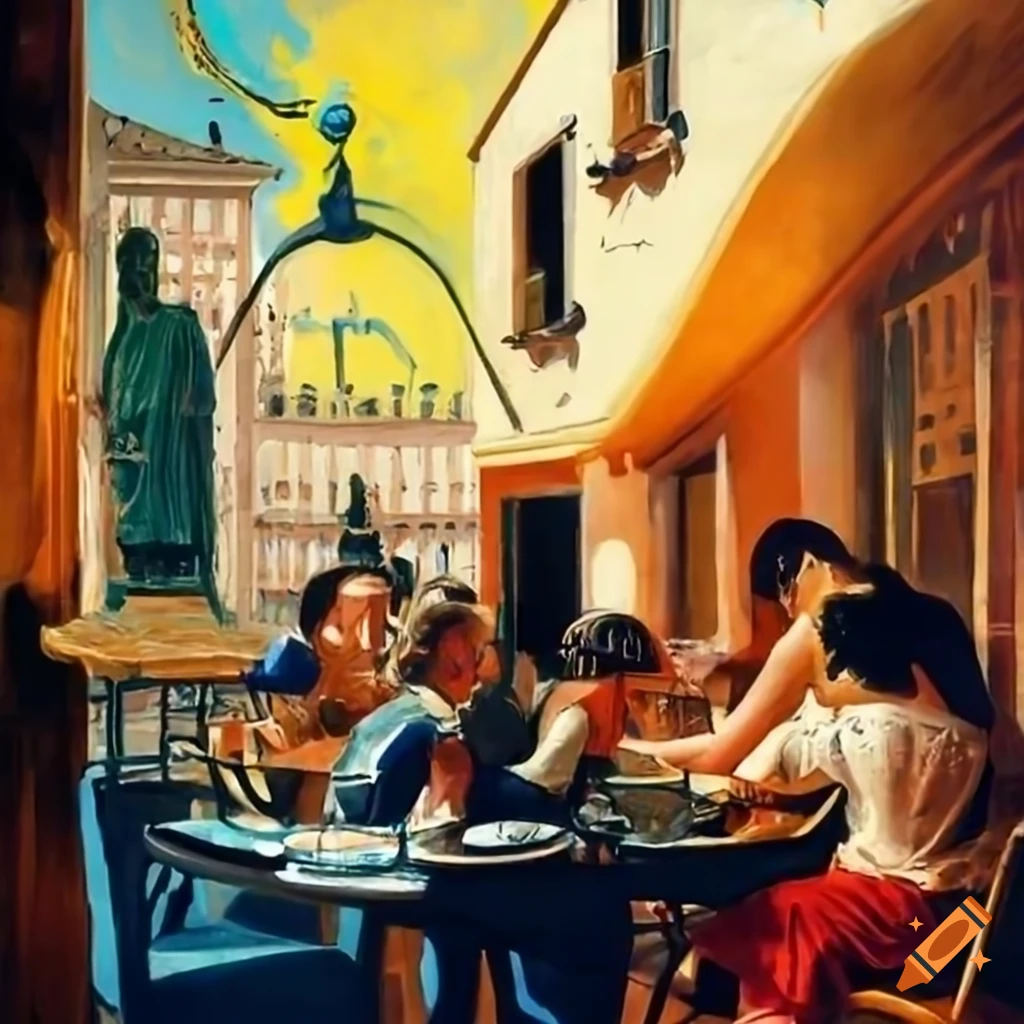 Café patio with seated customers in a dali painting on Craiyon