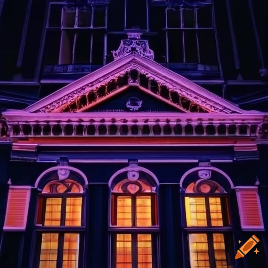 Victorian architecture with neon light accents