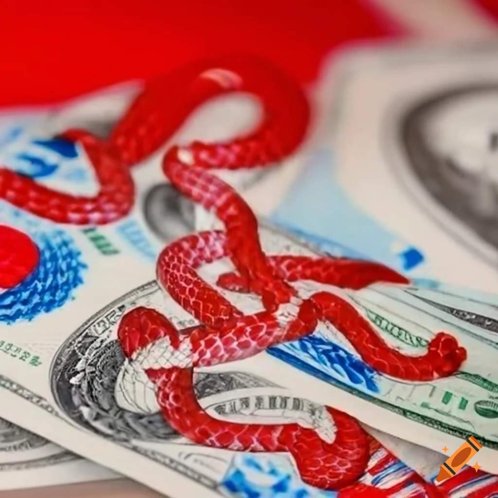 Red, white, and blue dollar bills with snake print