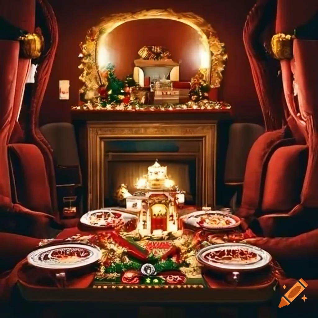 Fancy christmas-themed train interior decoration on Craiyon
