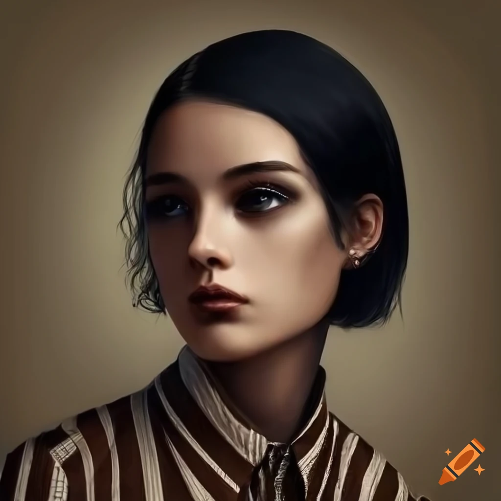 Vintage Style Portrait Of A Dark Haired Woman In A Striped Shirt In A