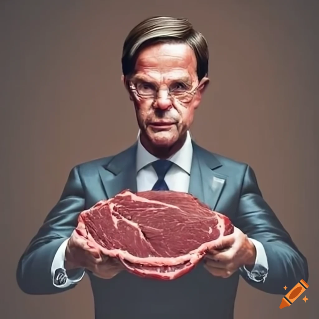 Mark rutte holding a piece of beef