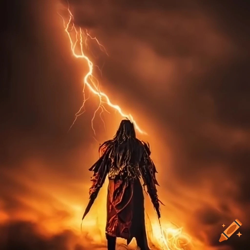 Depiction of the god of thunder giving fire to a warrior