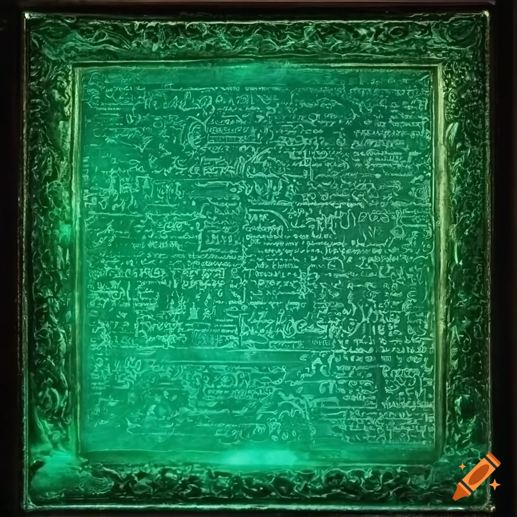 Rectangular emerald board with engraved texts emitting light and magic ...