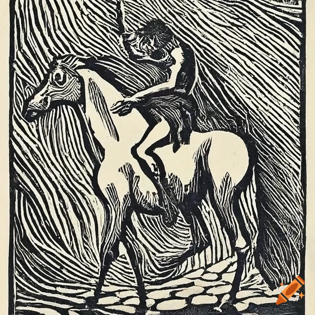 Monochrome engraving of a tormented man on a horse by a great artist ...