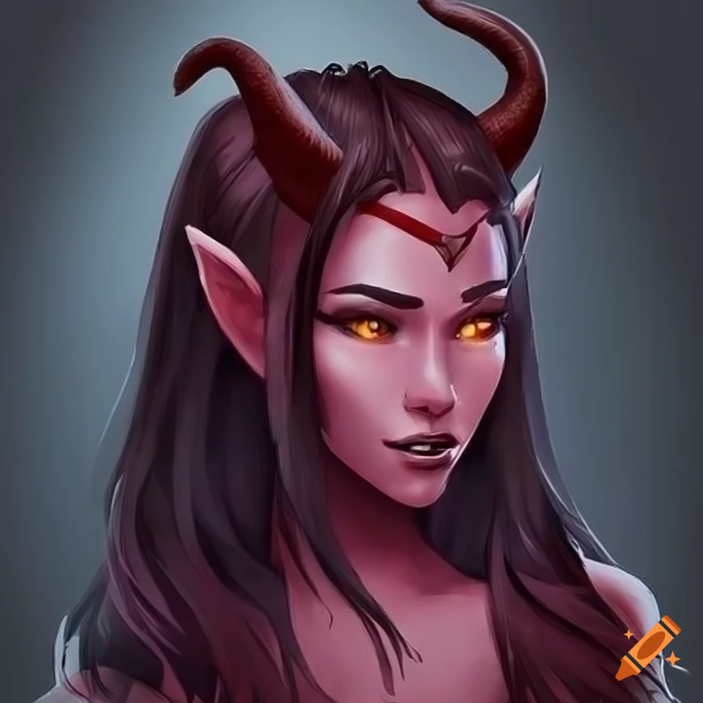 Portrait of a stunning tiefling with maroon skin and curved horns on ...