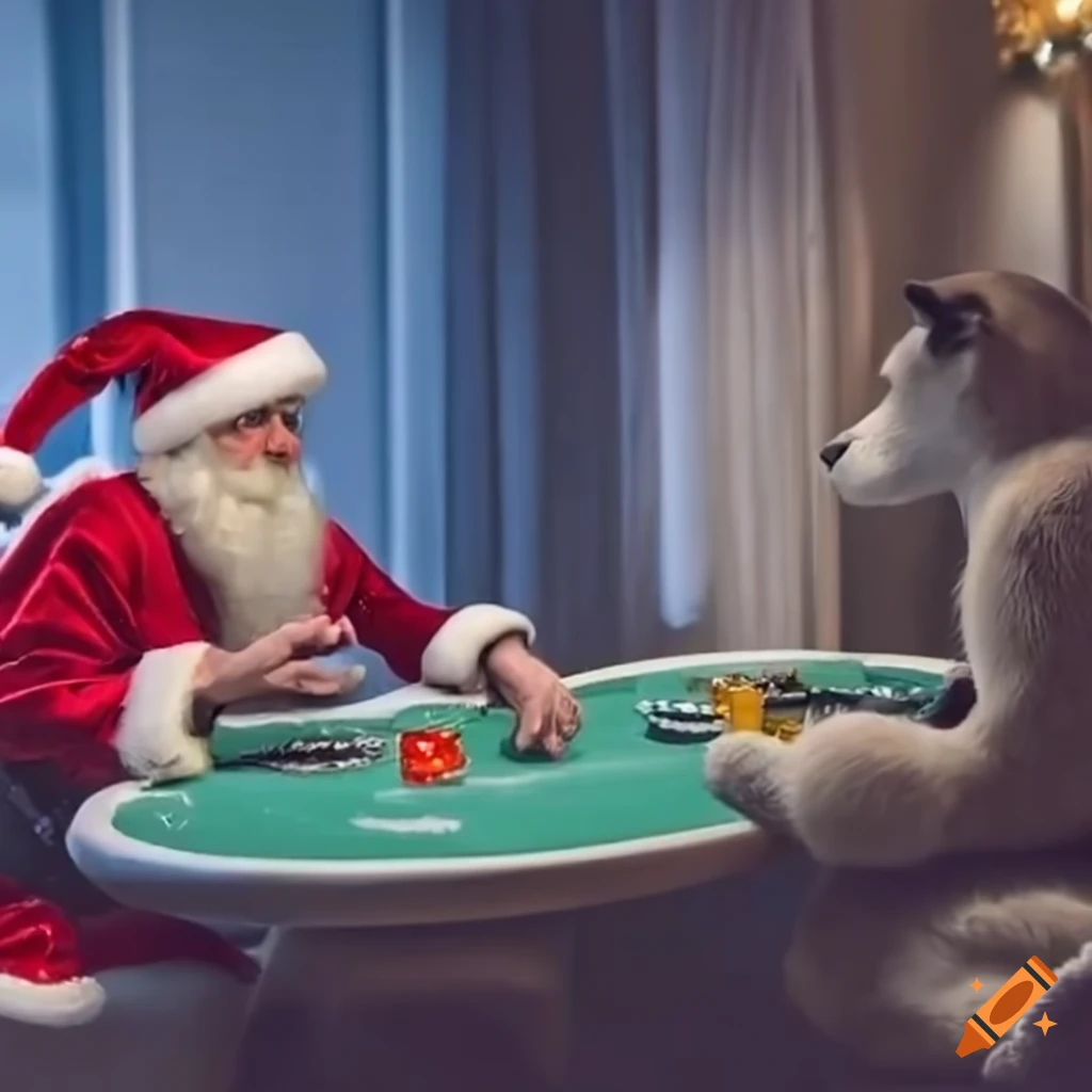 Santa playing poker with penguins and polar bears