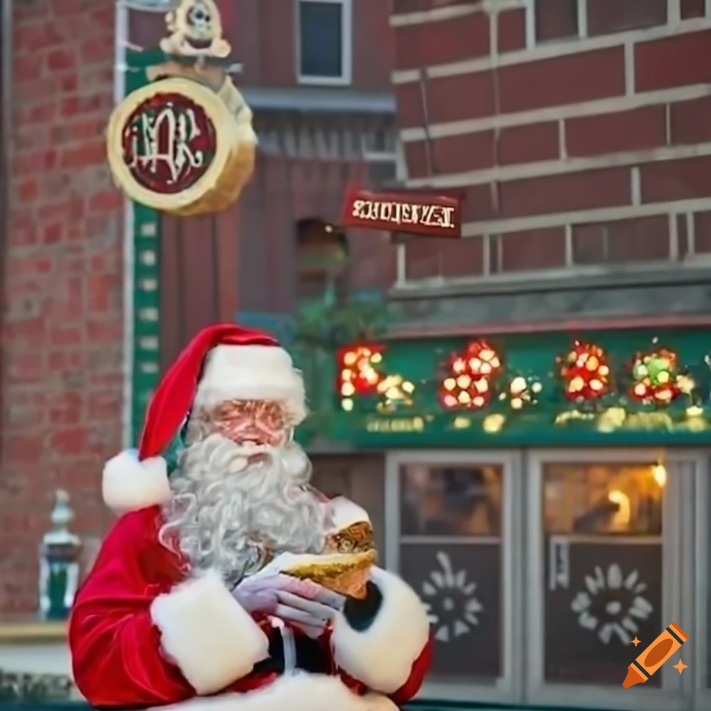 Santa claus eating a sandwich outside jimmy john's restaurant on Craiyon