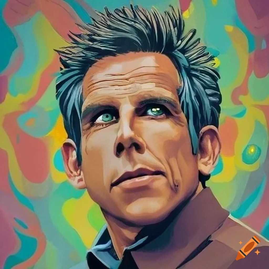 Colorful book illustration of walter mitty daydreaming in 2013 movie on Craiyon