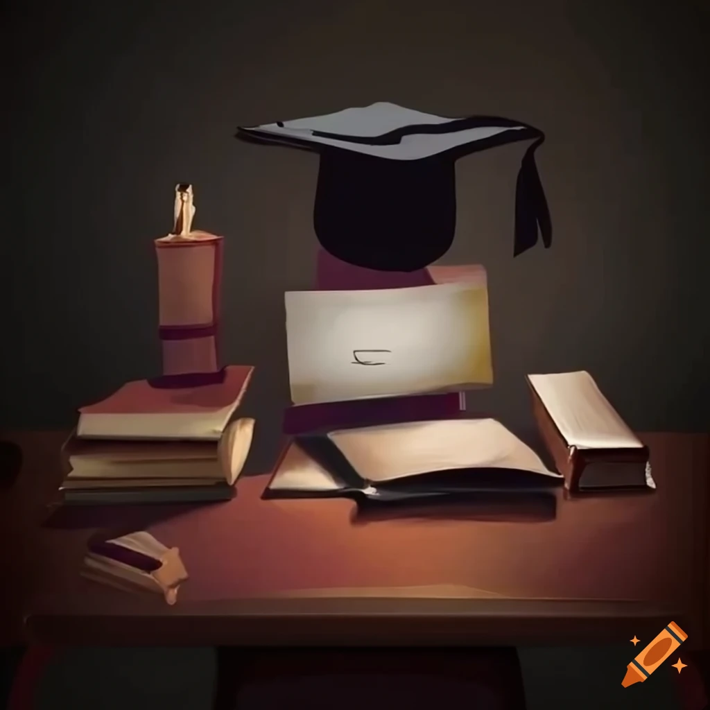 Computer with graduation cap on a table surrounded by books and flowers