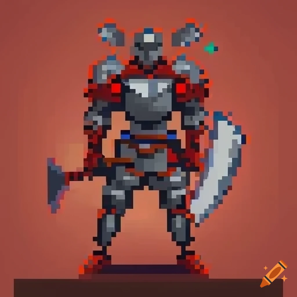 Pixel art of a red knight with shark-shaped armor in hd on Craiyon