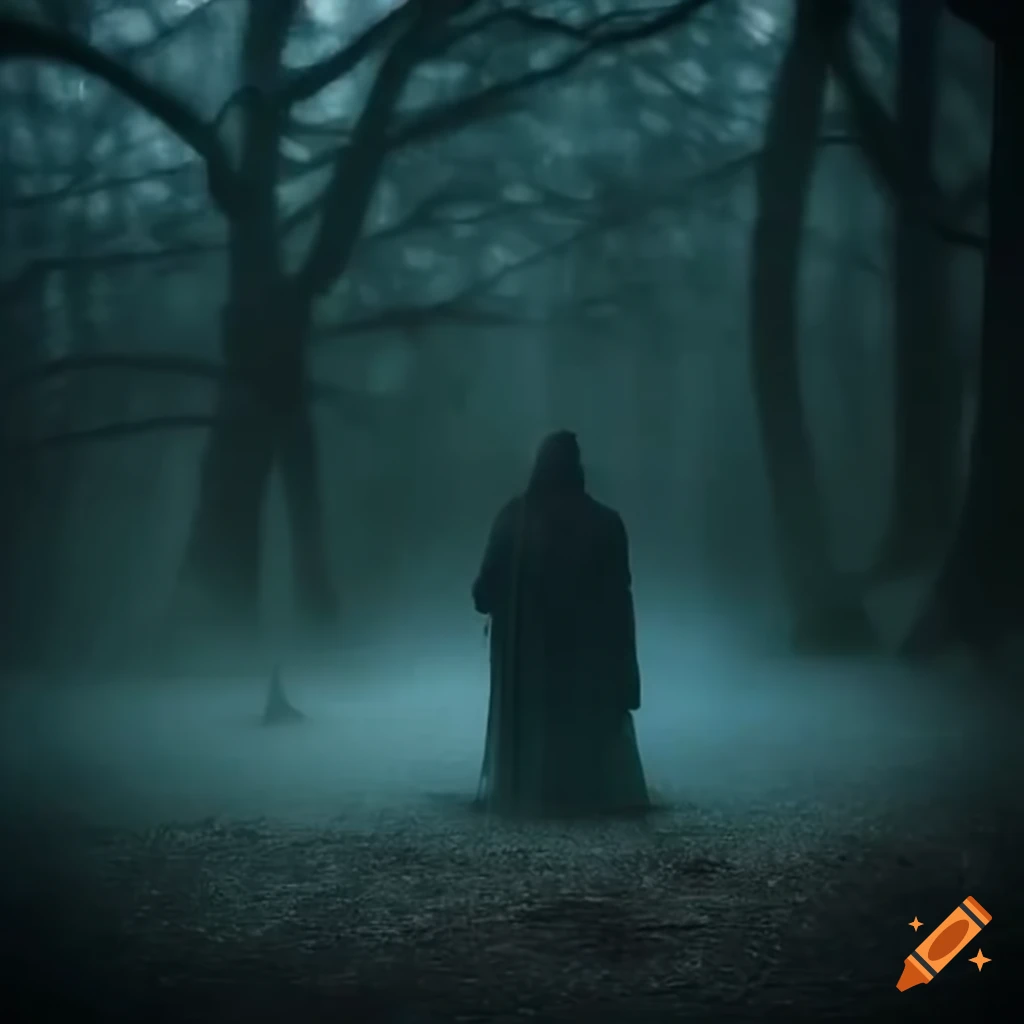 Mysterious figure emerging from dense forest in eerie fog on Craiyon
