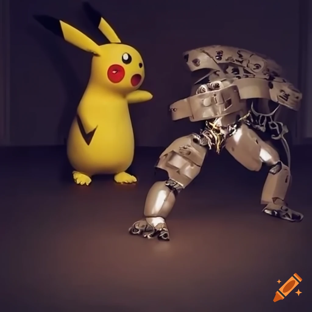 Monster robot battling pikachu on Craiyon