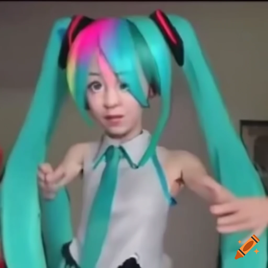 Person dressed as colorful miku dancing meme