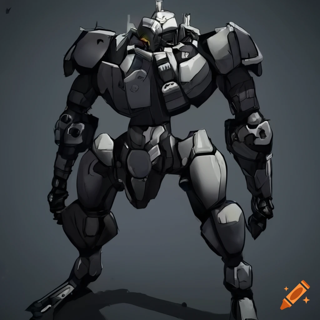 Mecha with bulky armor and black color scheme in anime art style on Craiyon