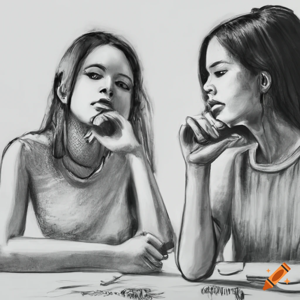 Pencil drawing of two women at a coffee shop on Craiyon