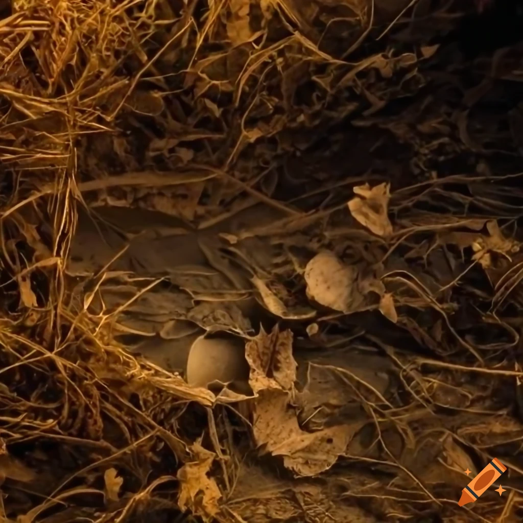 Empty eggshells buried in sand with dry leaves and straws, low angle view