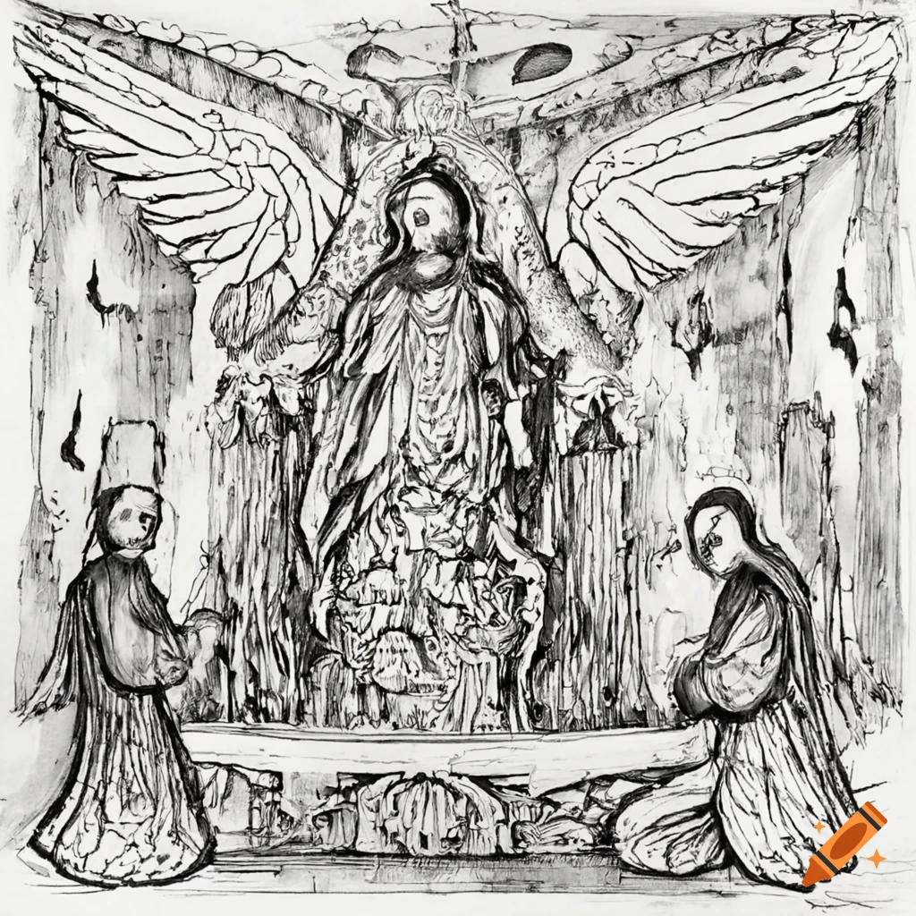 Ink drawing of angelic scene in a church on Craiyon