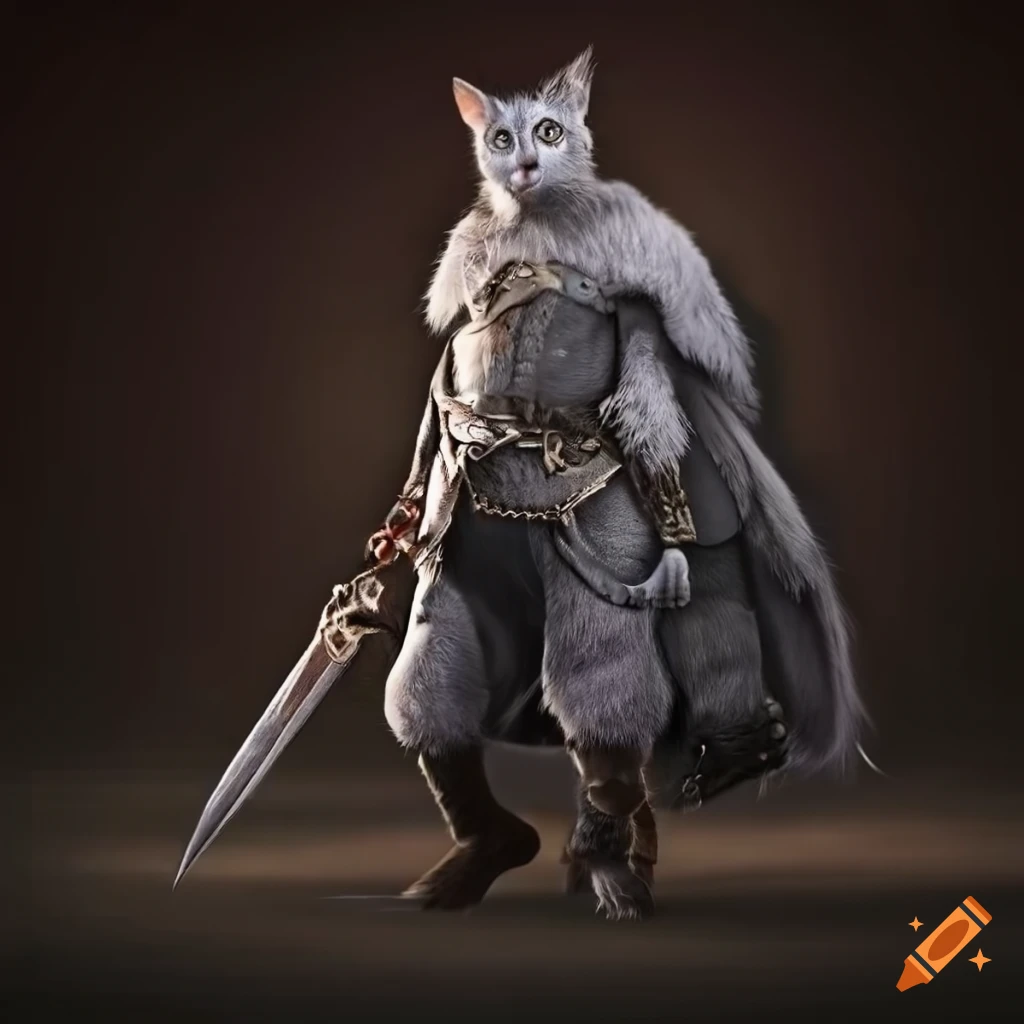 Grey fur cat with sword