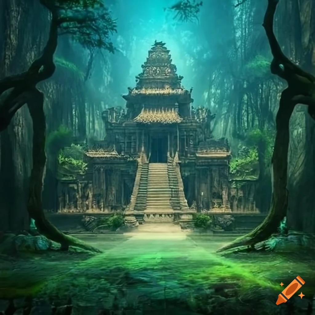 Huge ancient temple in the middle of an enchanted forest