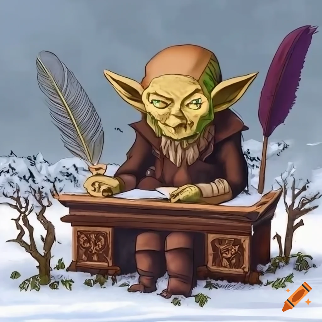 Goblin collecting debt with a comically large leather book and feather ...