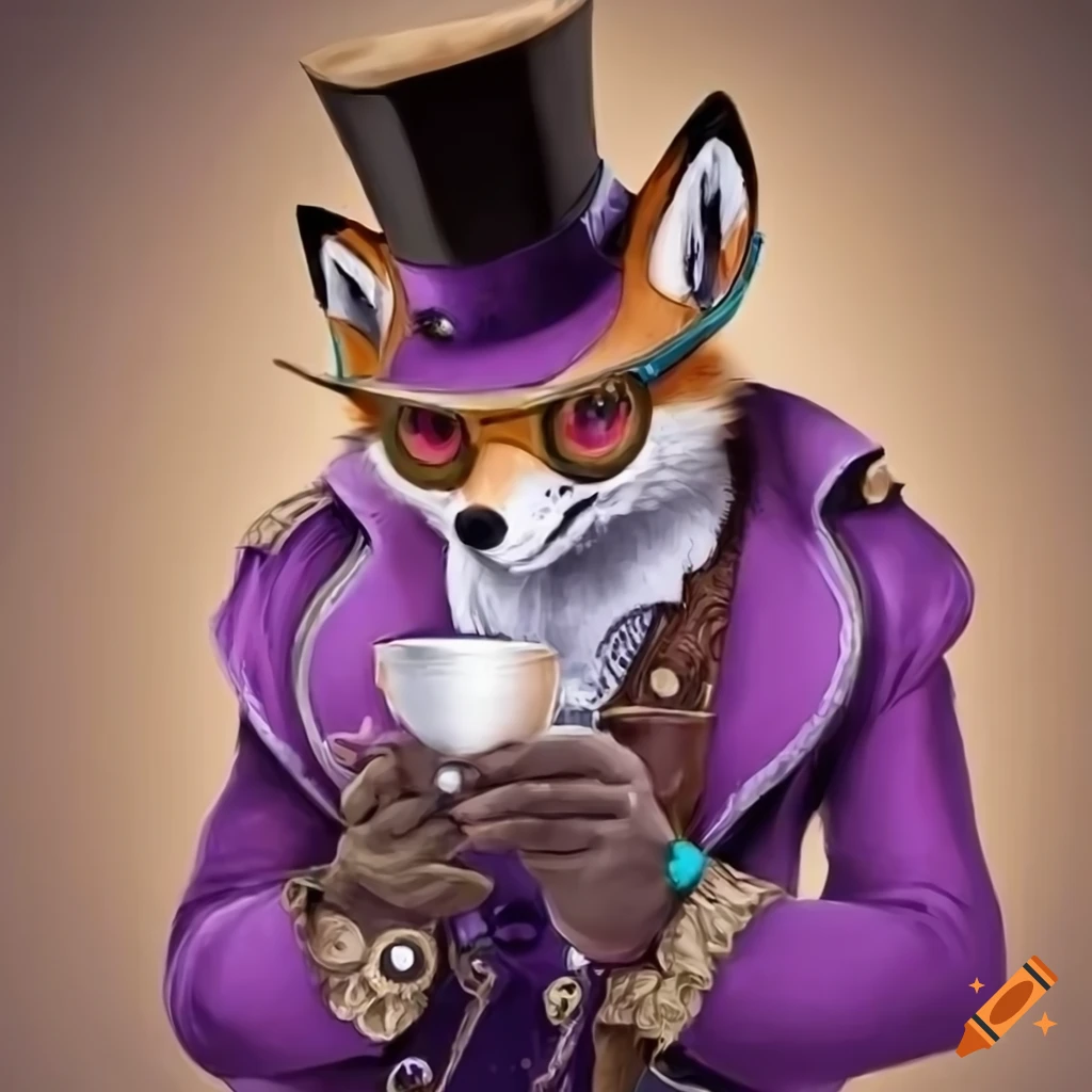 Male fox in steampunk outfit drinking tea on Craiyon